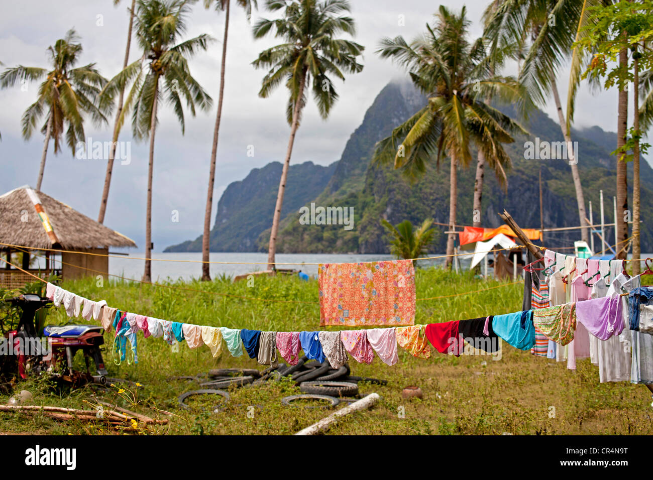 colourful clothes line and Cadlao Island, El Nido, Palawan, Philippines ...
