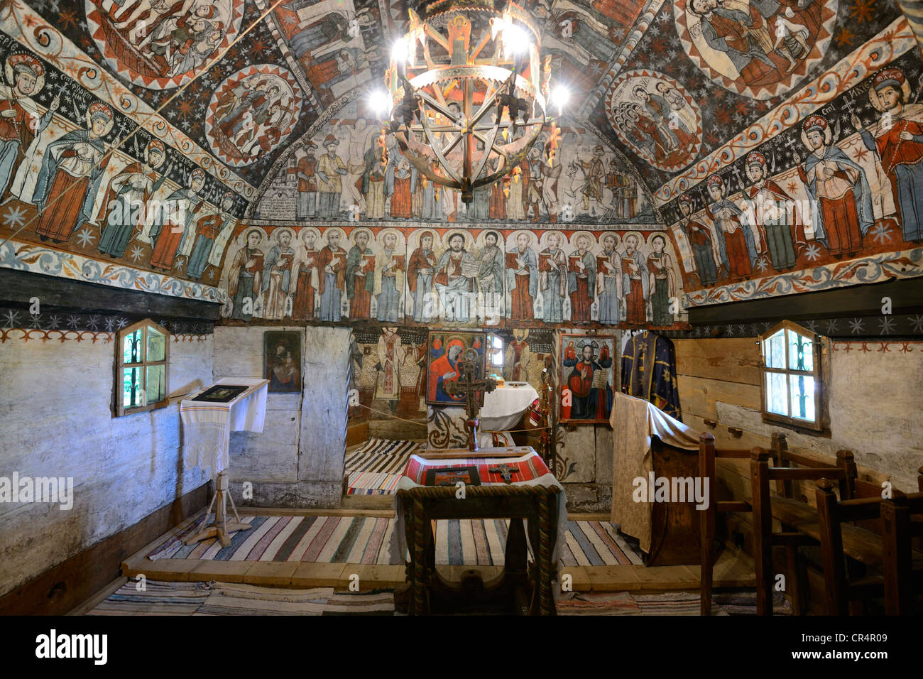 Frescoes in a wooden church, Astra open-air museum, Sibiu, Romania ...