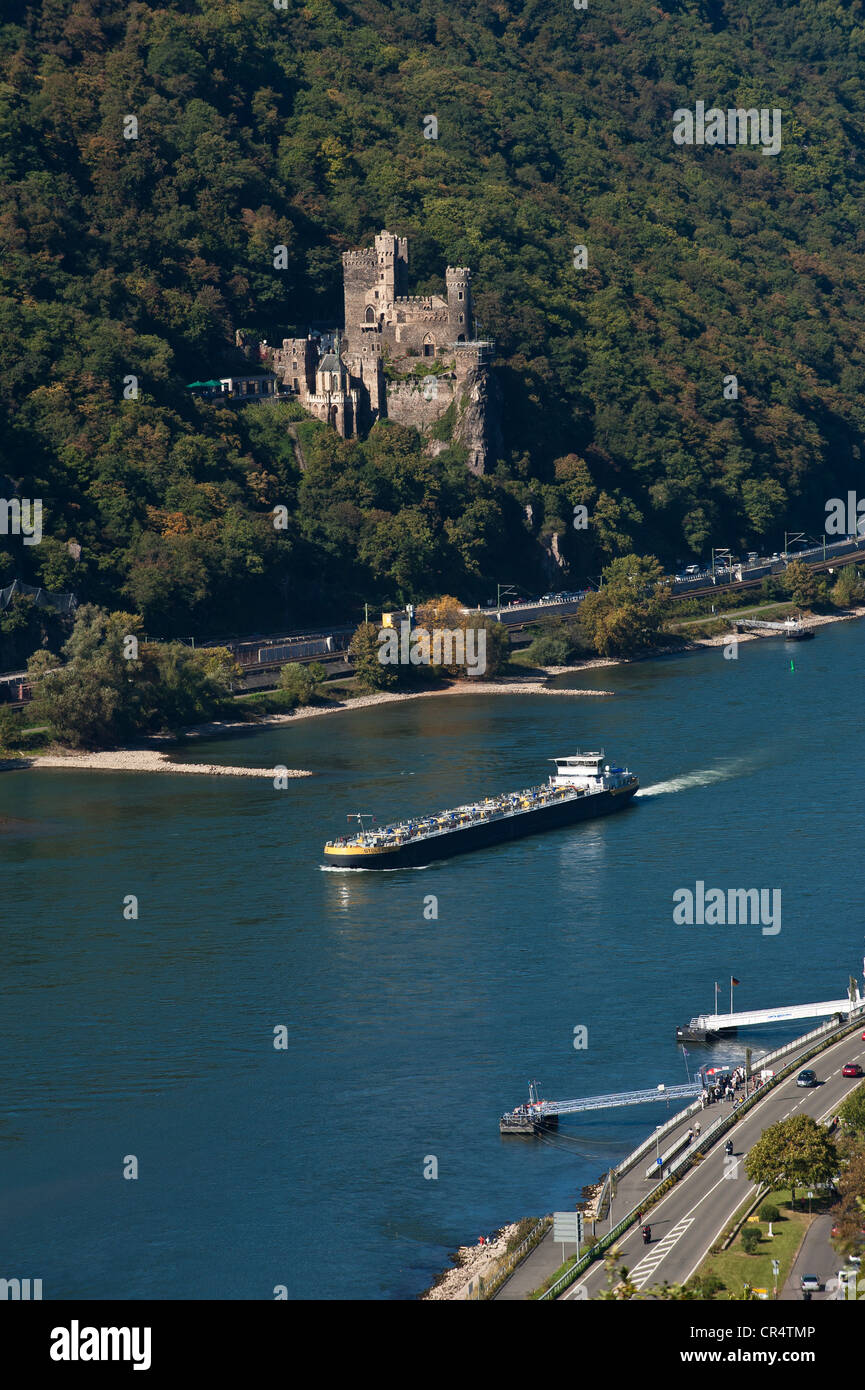 Burg Rheinstein Castle on the Rhine with cargo ship, Assmannshausen ...