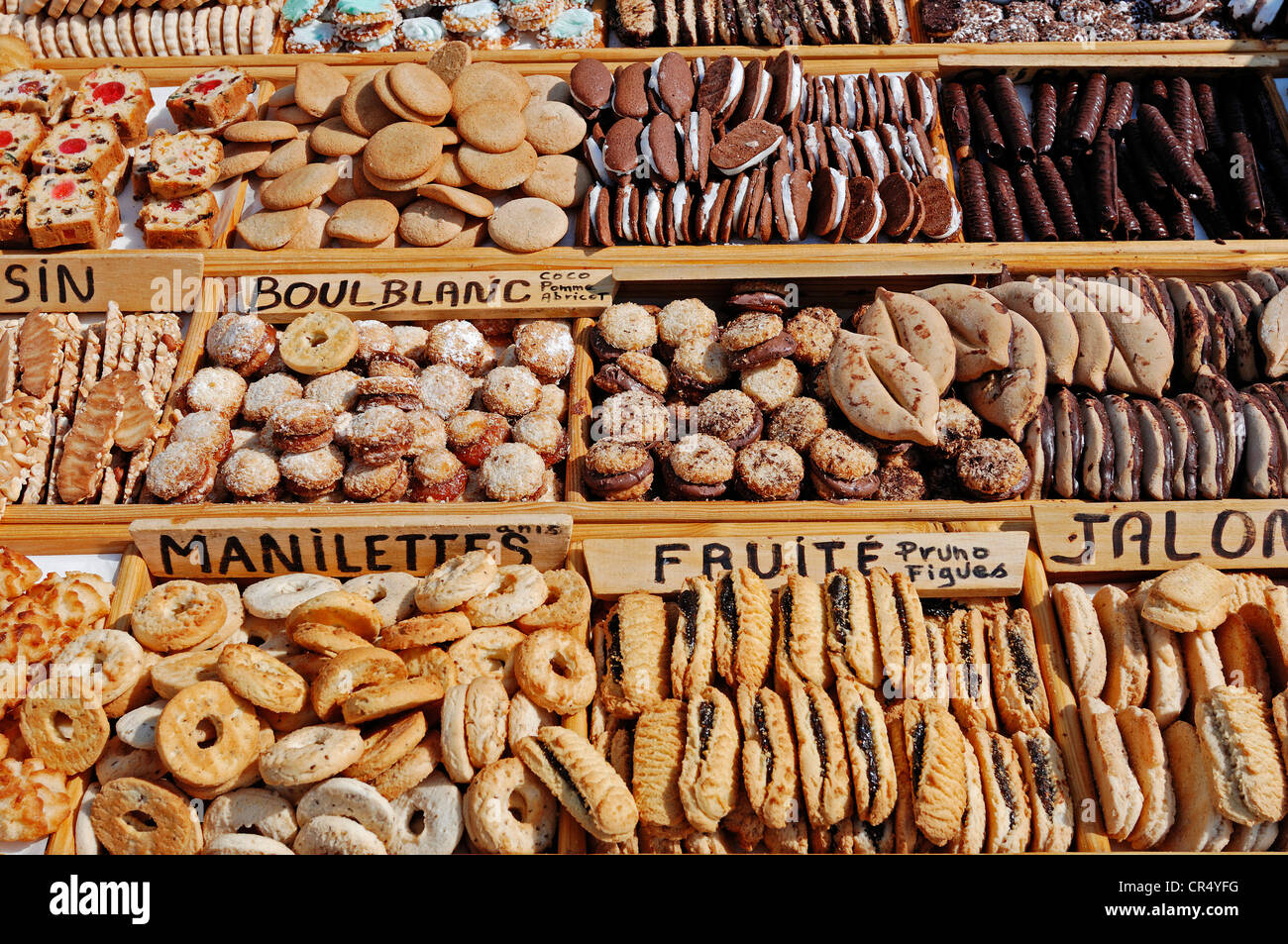 Market stall with various types of pastries, Sault, Vaucluse, Provence ...