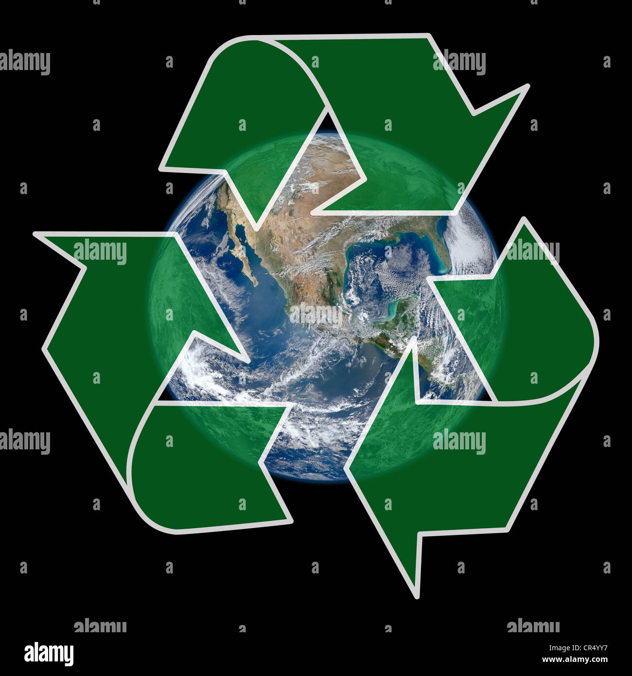 Earth with green recycle sign over black background - Earth photo ...