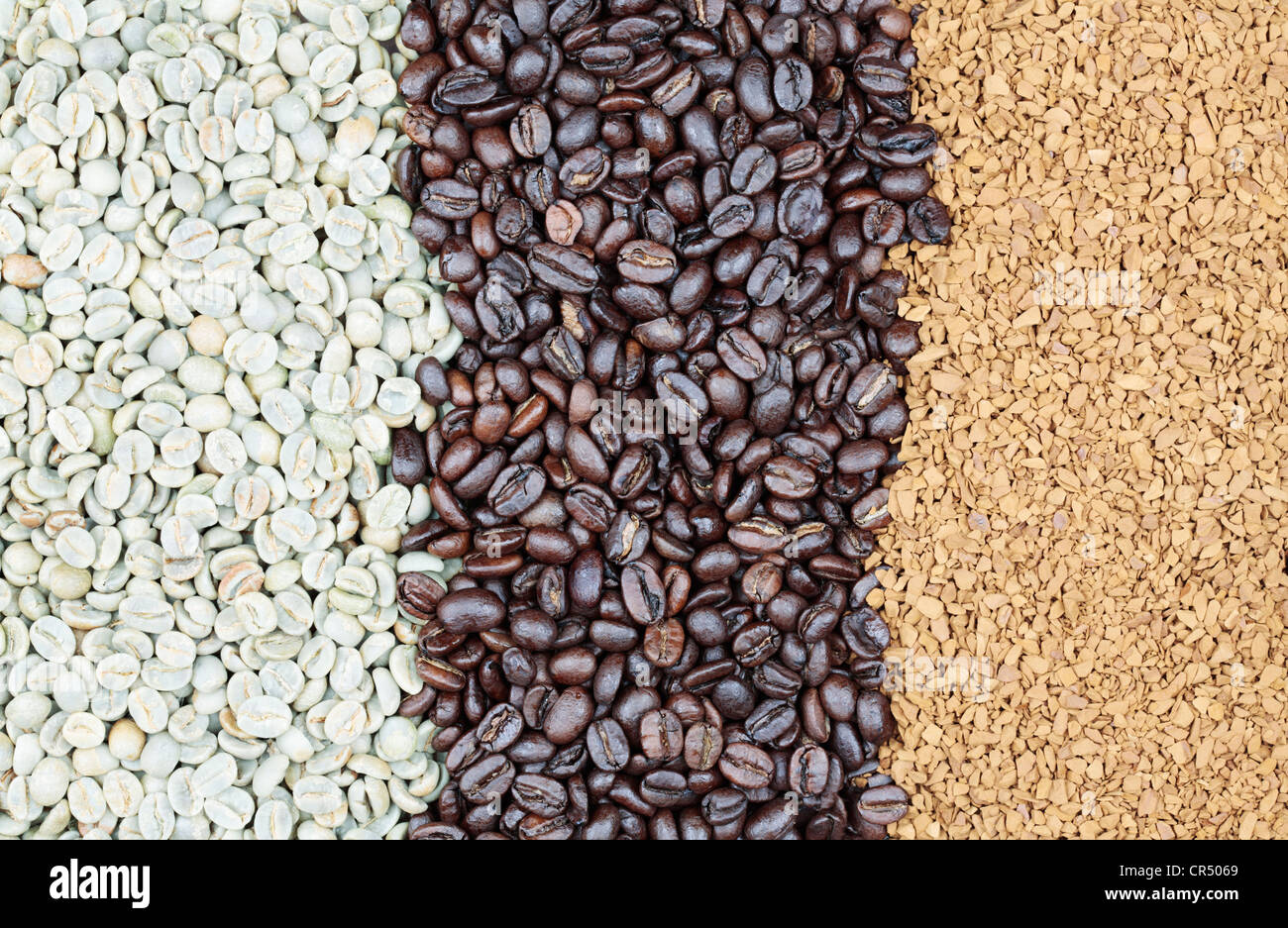 Raw, Roasted and Instant Coffee from Above Stock Photo - Alamy