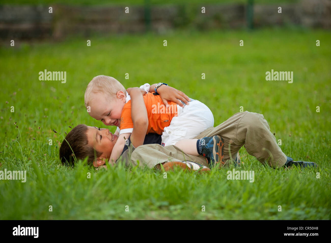 Boy, 6 years, playing with his little brother, 2 years, on a meadow ...