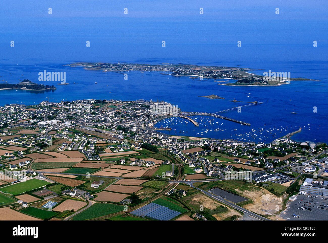 France, Finistere, Roscoff, and ile de Batz (Batz Island) (aerial view ...