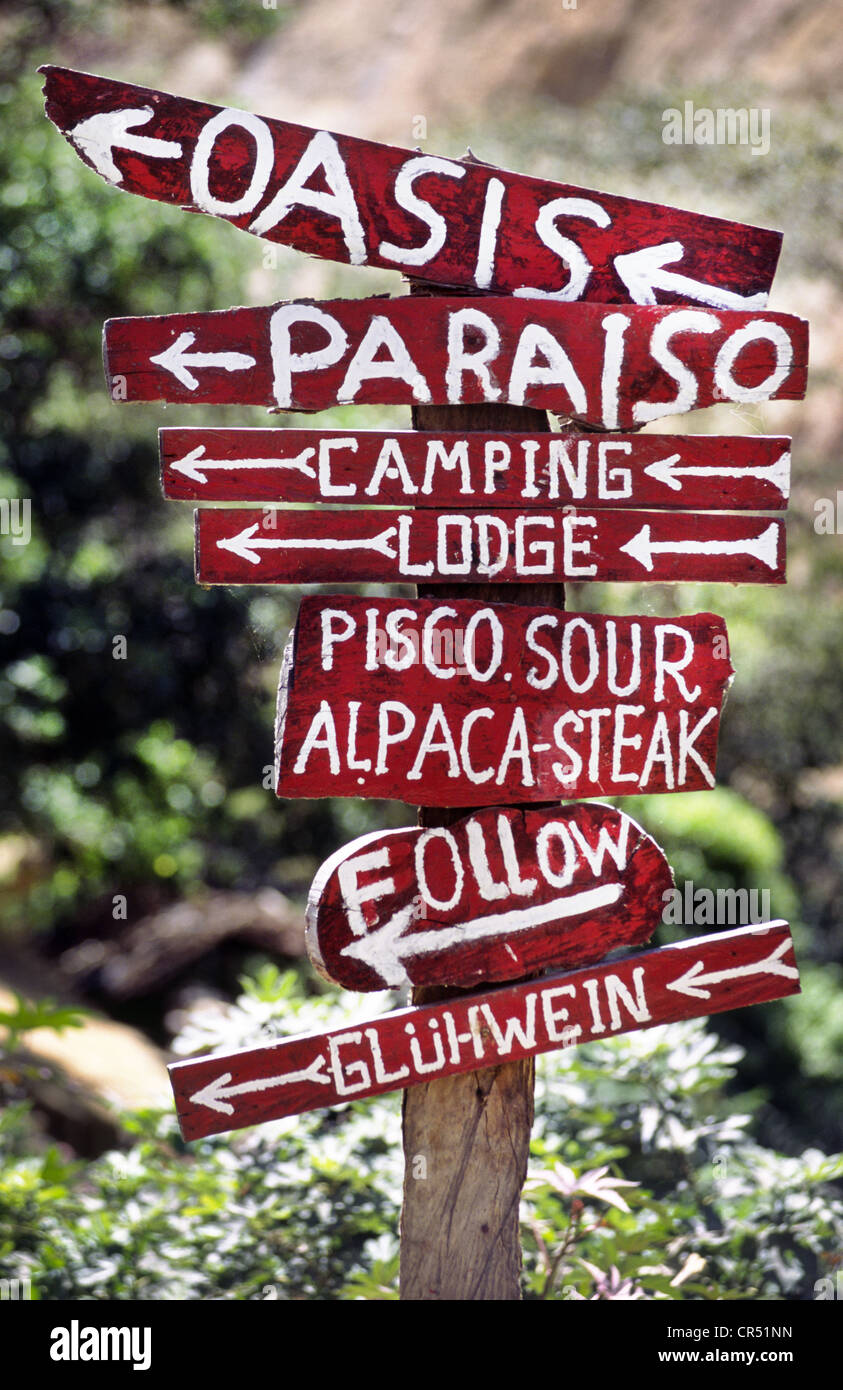 Sign welcoming trekkers in Colca Canyon. Arequipa Department, Peru ...