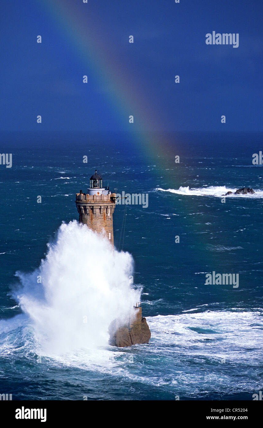 France, Finistere, rainbow over the lighthouse of the Four, in front of ...
