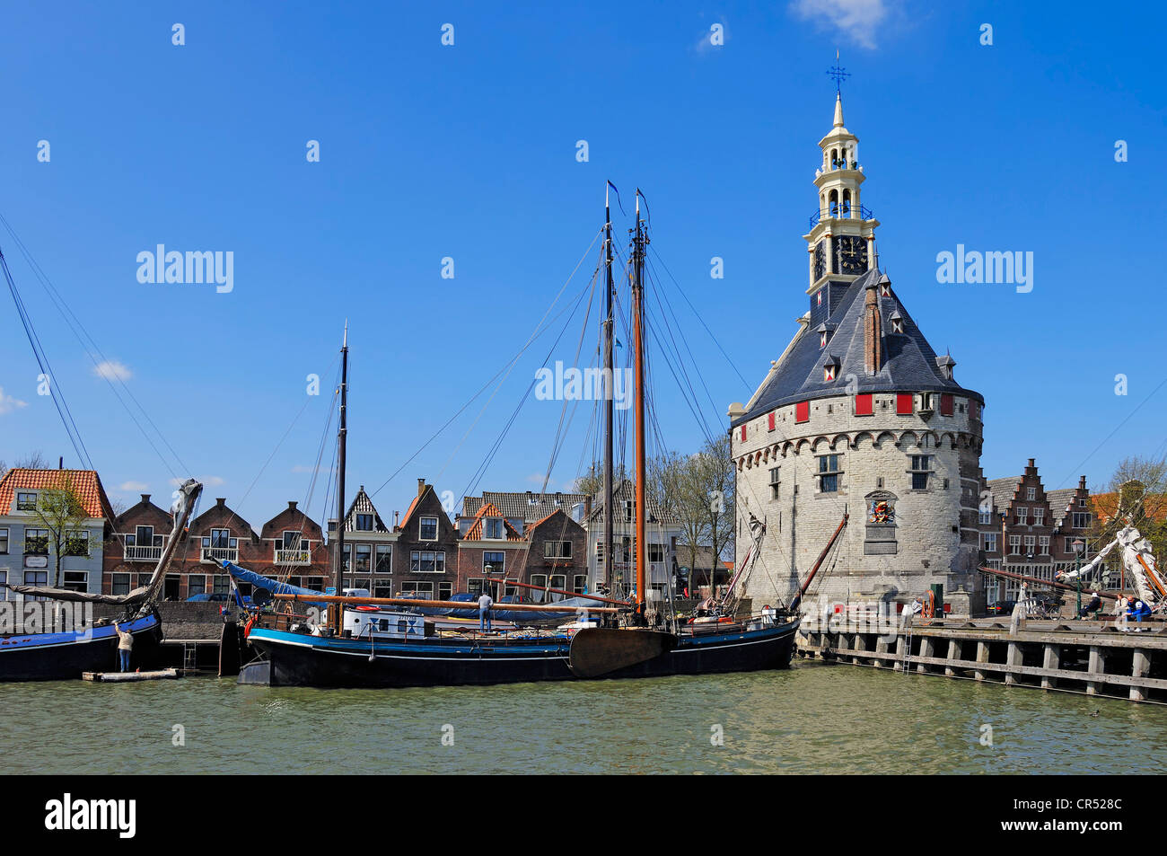 Hoofdtoren tower and ships in the harbour, Hoorn, North Holland ...
