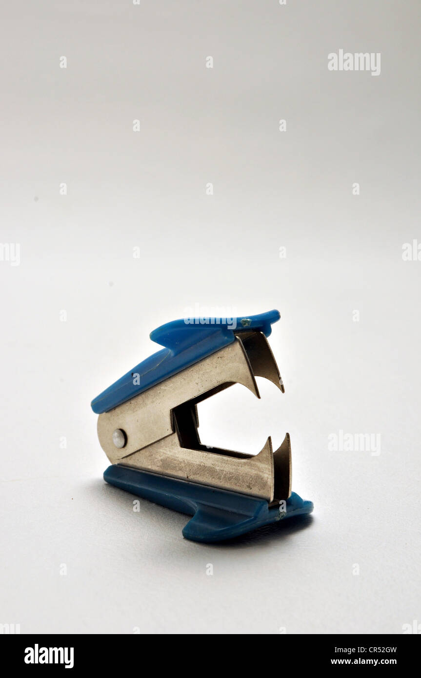 A blue staple remover sits on a white background Stock Photo - Alamy