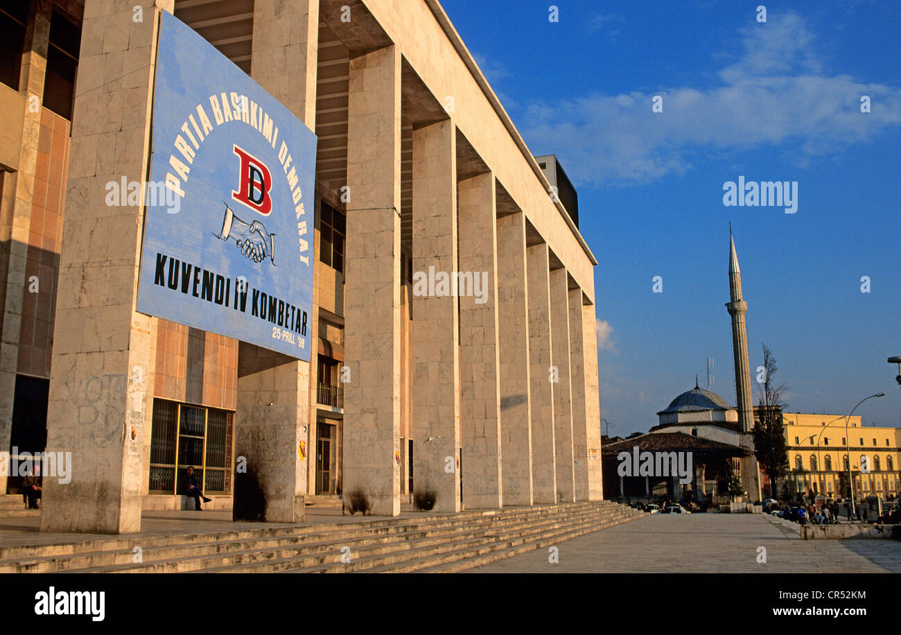 Albania, Tirana, Culture Palace and Ethem Bey Mosque on Sheshi ...