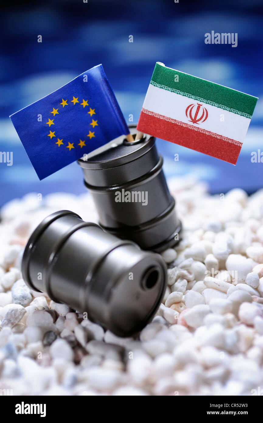 EU flag and flag of Iran in oil drums, symbolic image for an oil ...
