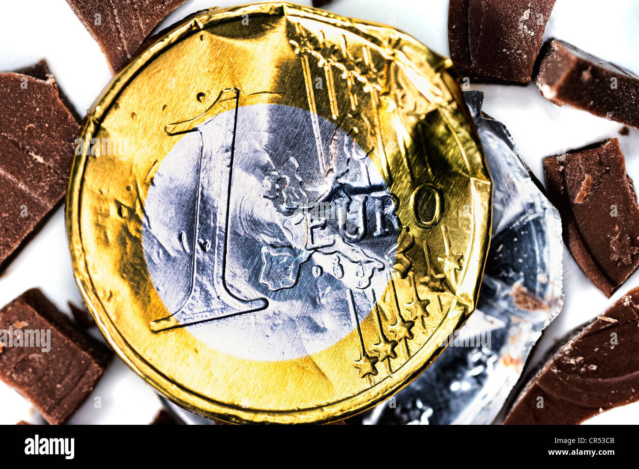Crumpled foil of a chocolate euro, symbolic image of the euro crisis ...
