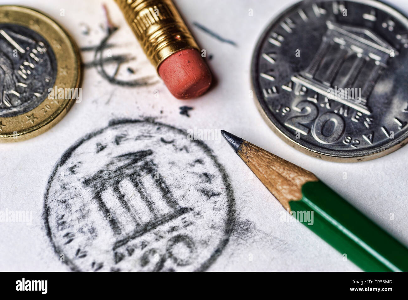 Greek drachmas and an erased euro symbol, symbolic image of the ...