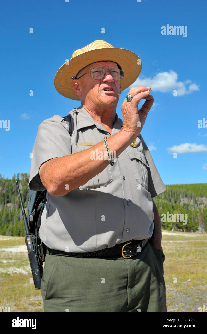 Park Ranger at Old Faithful Geyser Yellowstone National Park Wyoming WY ...