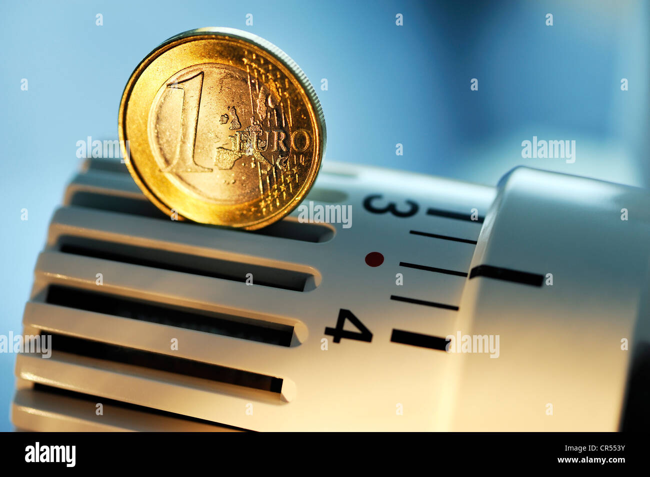 Heating thermostat with one-euro coin, symbolic image for an increase ...