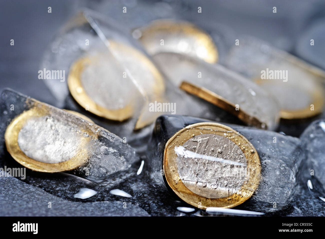 One-euro coins in ice cubes, symbolic image for frozen funds Stock ...
