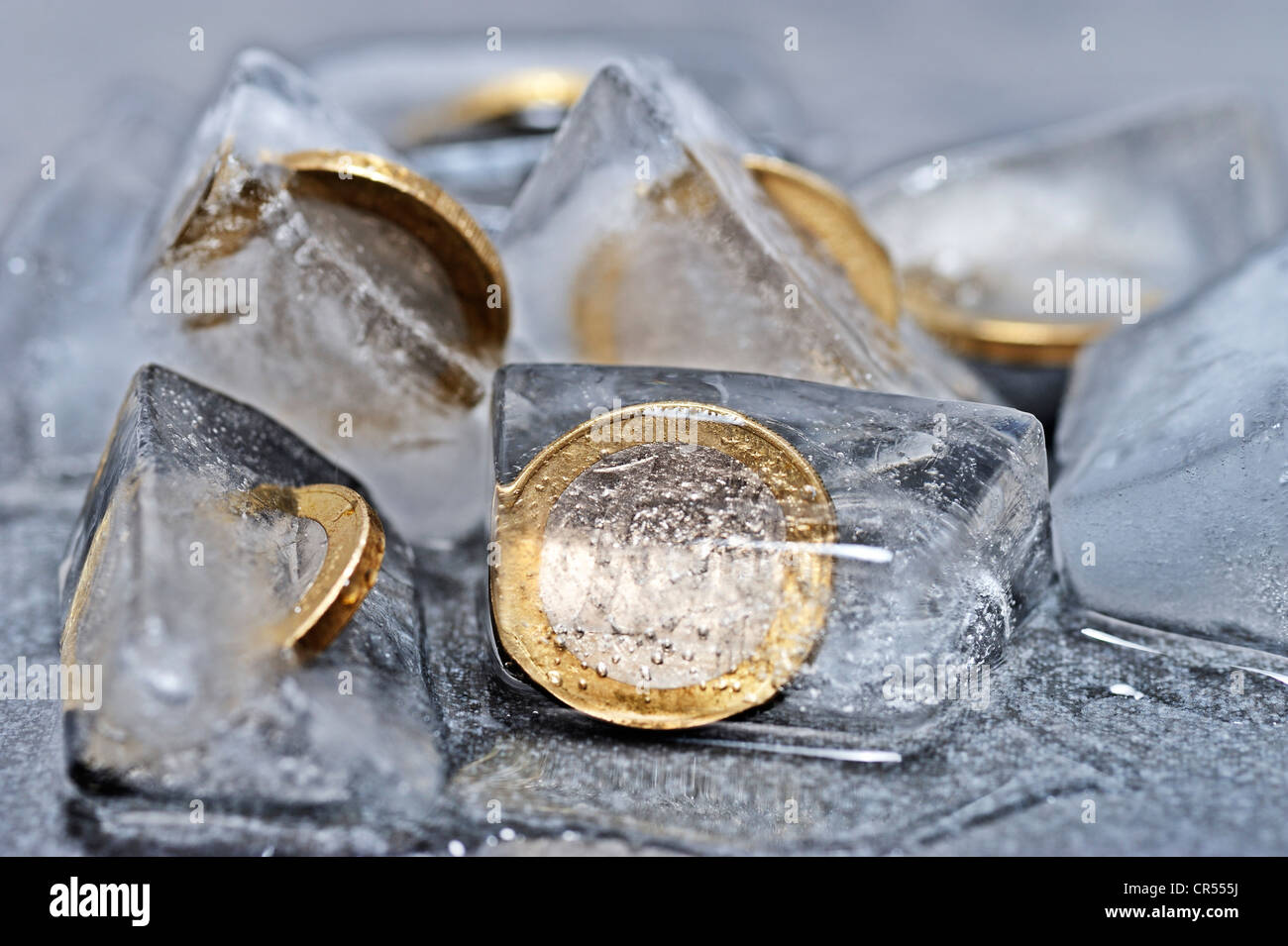 One-euro coins in ice cubes, symbolic image for frozen funds Stock ...