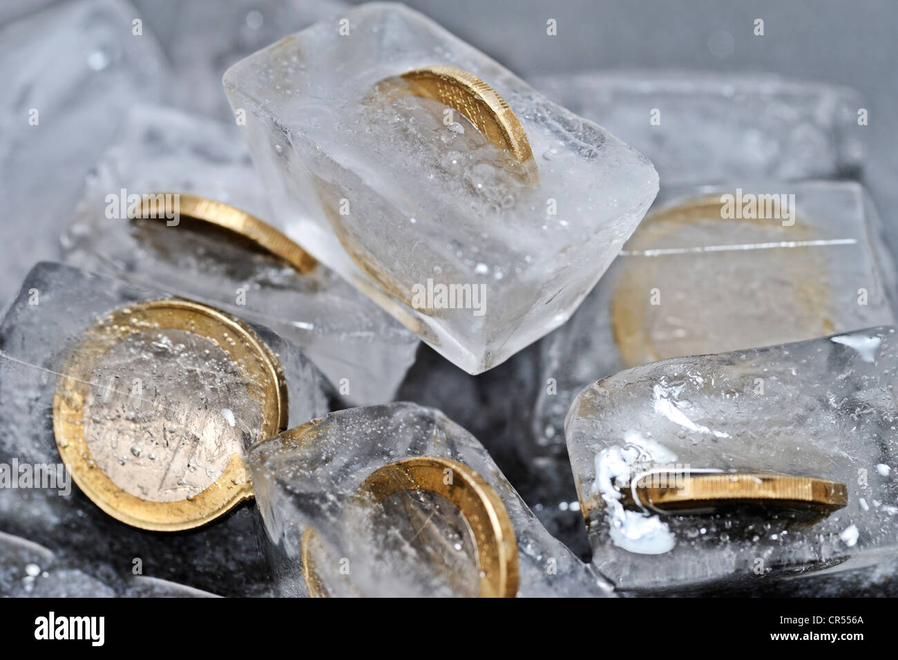 One-euro coins in ice cubes, symbolic image for frozen funds Stock ...