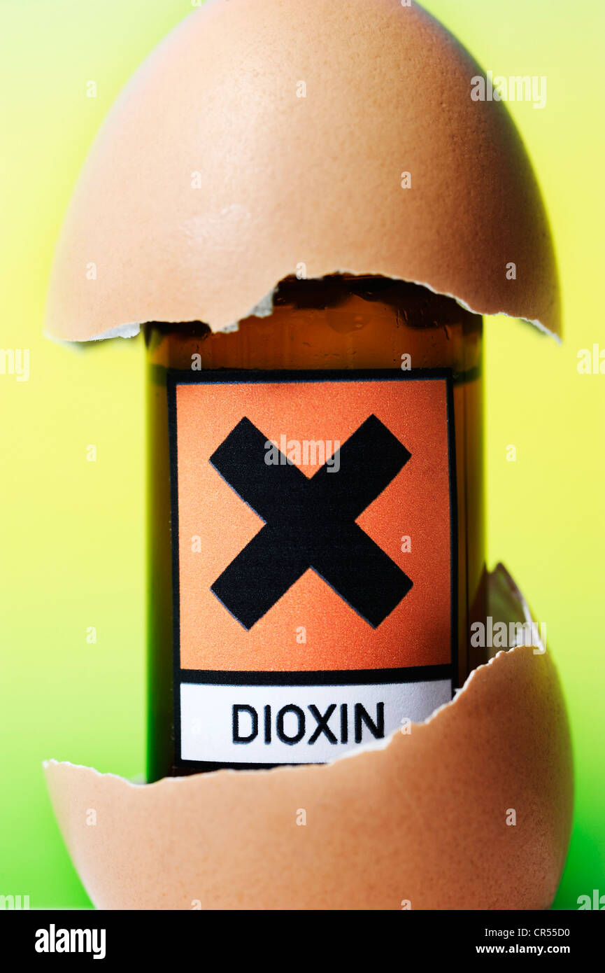 Small bottle labelled with a hazard symbol and a lettering "Dioxin" in ...