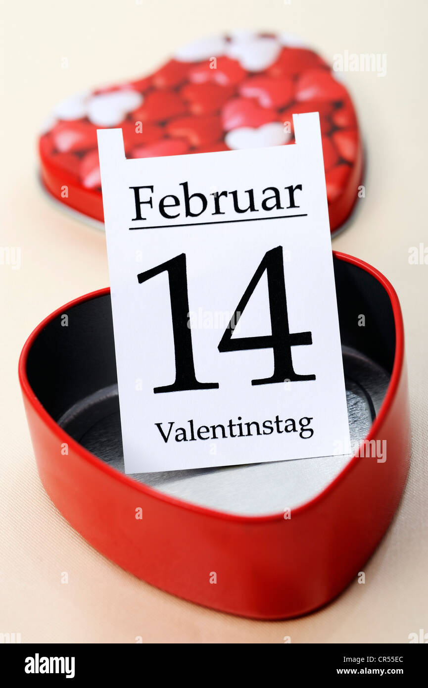 Calendar sheet for Valentine's Day on 14 February in a heart-shaped box ...