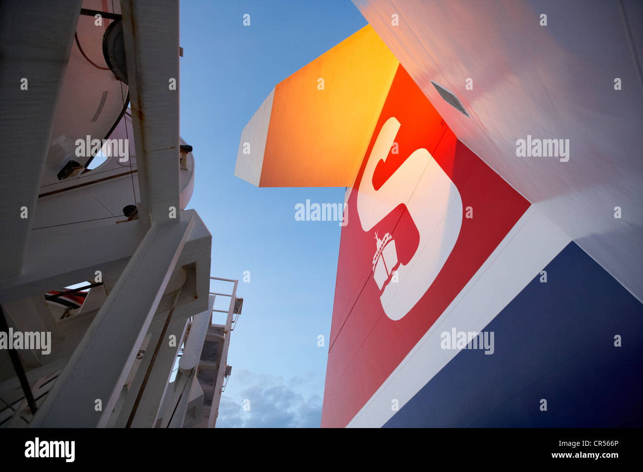funnel and logo of stena line fast modern ferry at dawn in cairnryan ...
