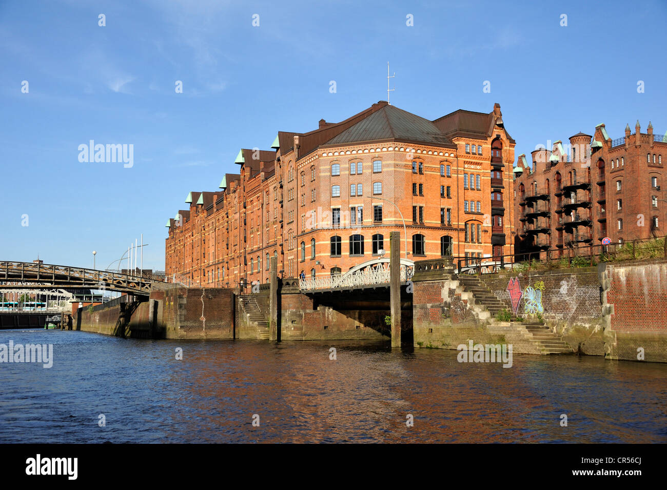 Speicherstadt, historic warehouse district, seen across the water from ...