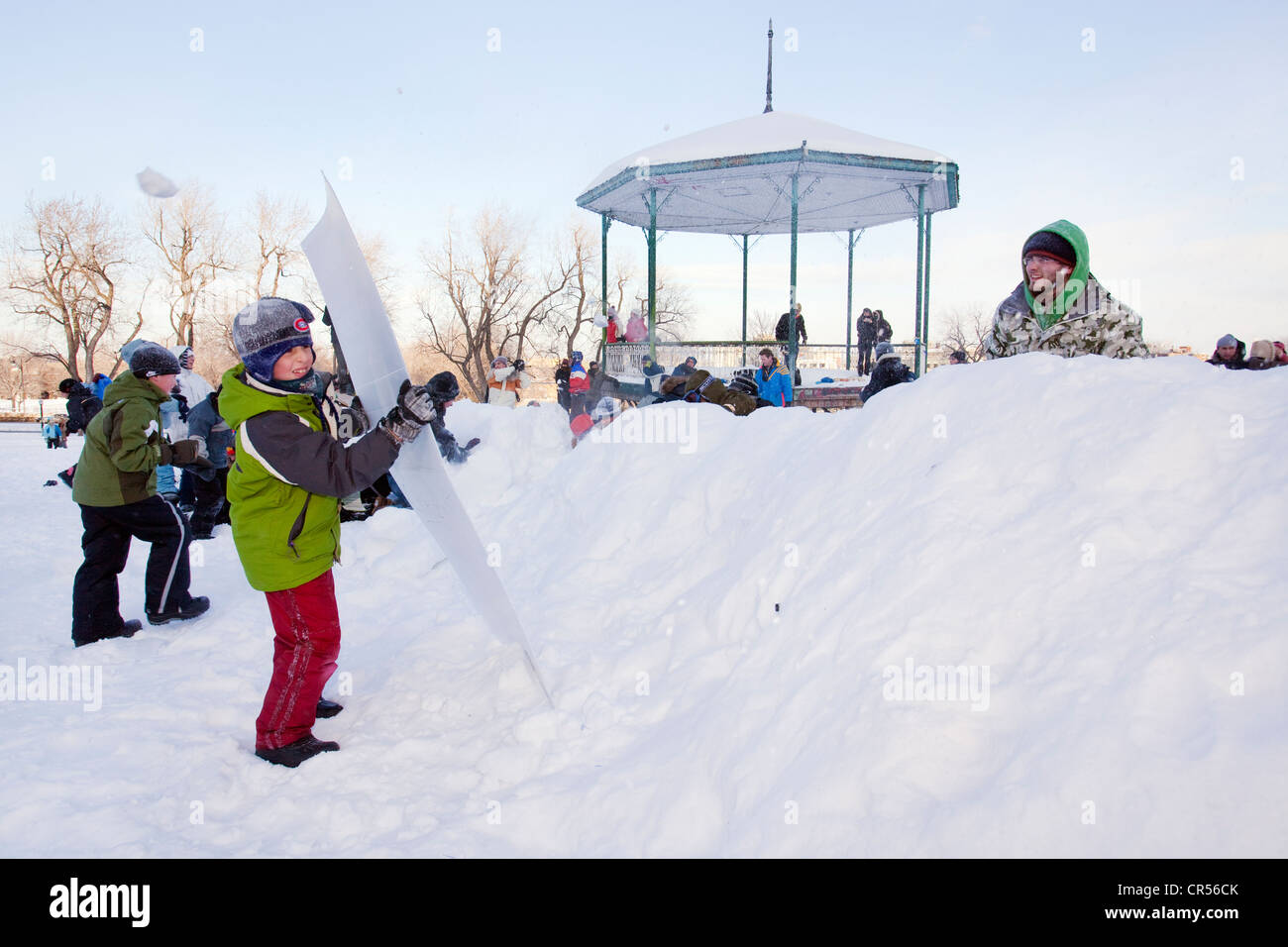 Canada, Quebec Province, Montreal, snowball battle between children and ...