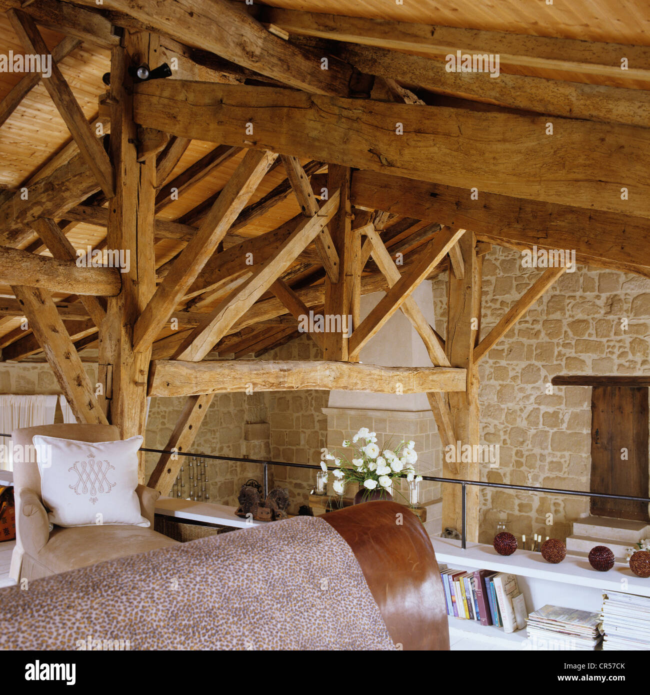 17th century barn renovation with original oak rafters in France Stock ...