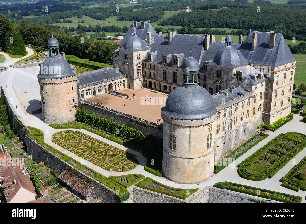 France, Dordogne, Perigord Noir, Hautefort, the castle (aerial view ...