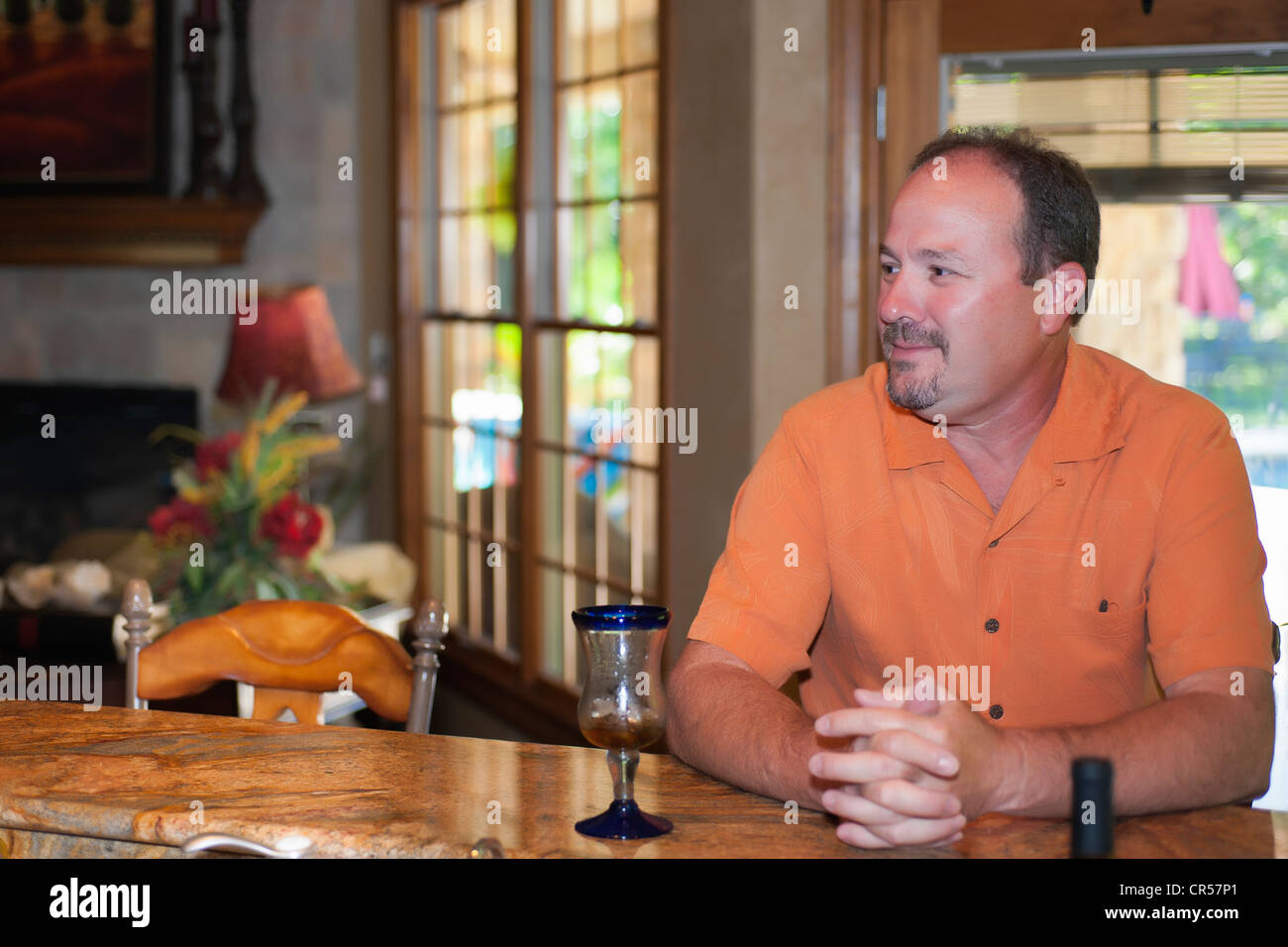 Middle-aged man in casual outfit sitting at a bar counter at home Stock ...