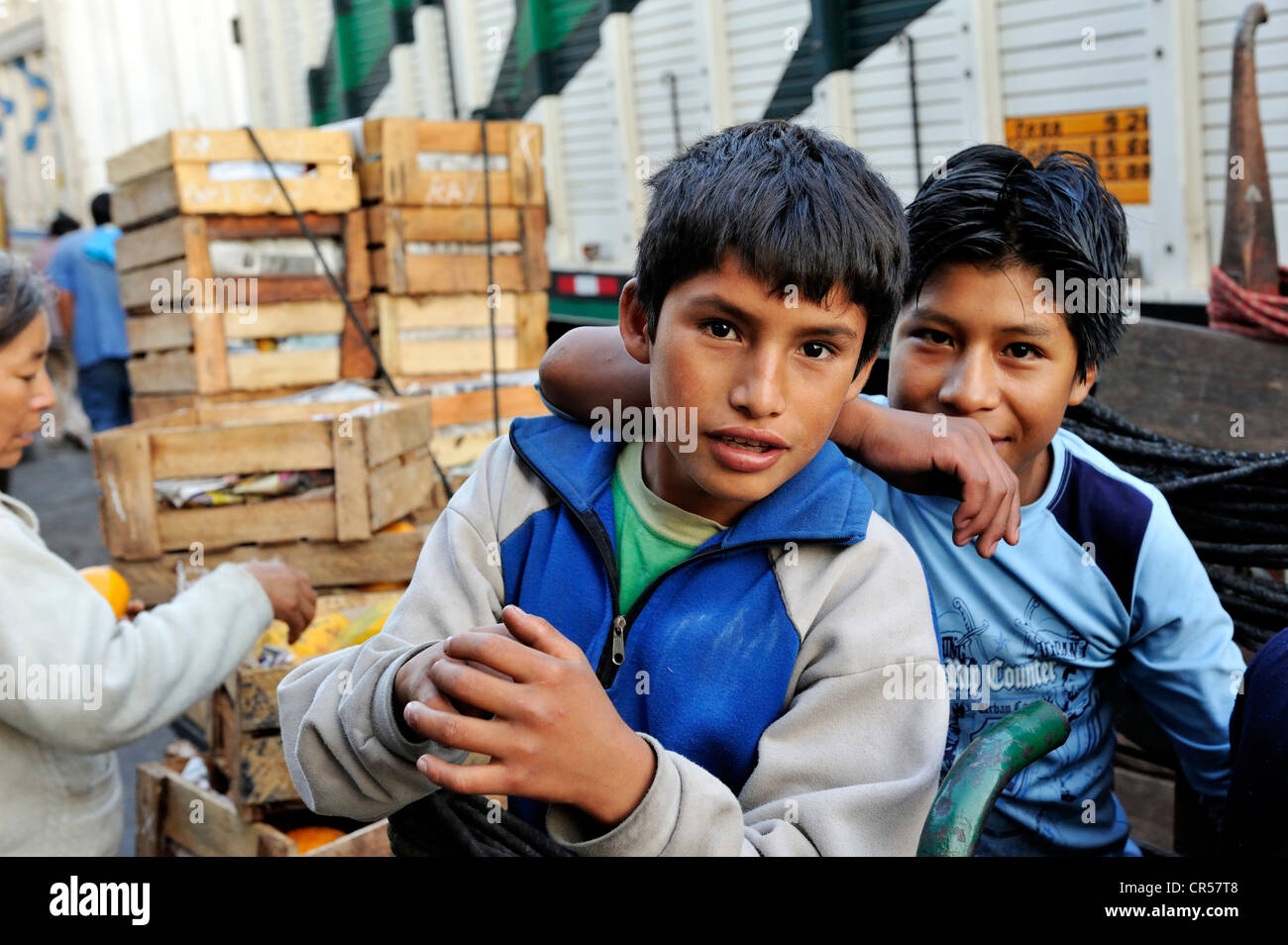 Child labour, two boys, 11 and 12 years, working as carriers at the ...