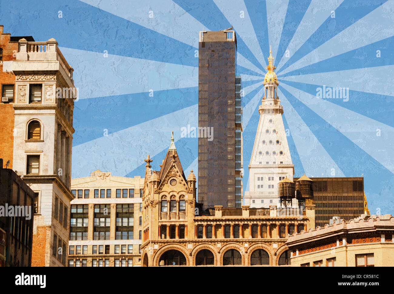 Gritty new york city skyline with sunbursts from a building Stock Photo ...