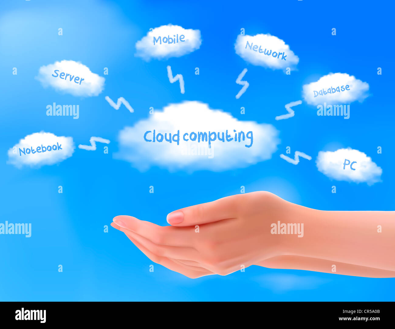 Cloud computing concept. Hands with blue sky and white cloud Stock ...