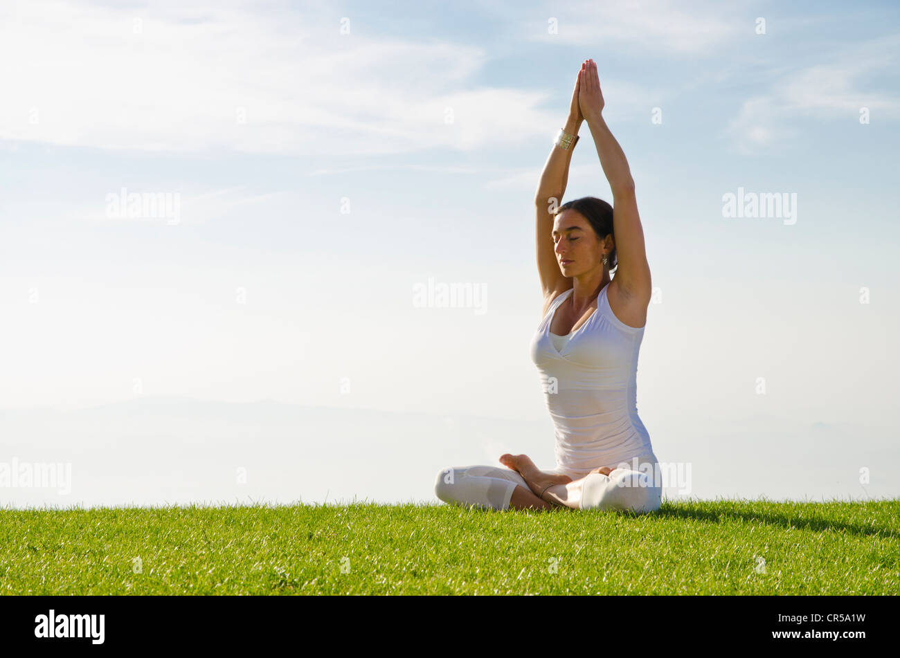 Young woman practising Hatha yoga outdoors, showing the pose ...