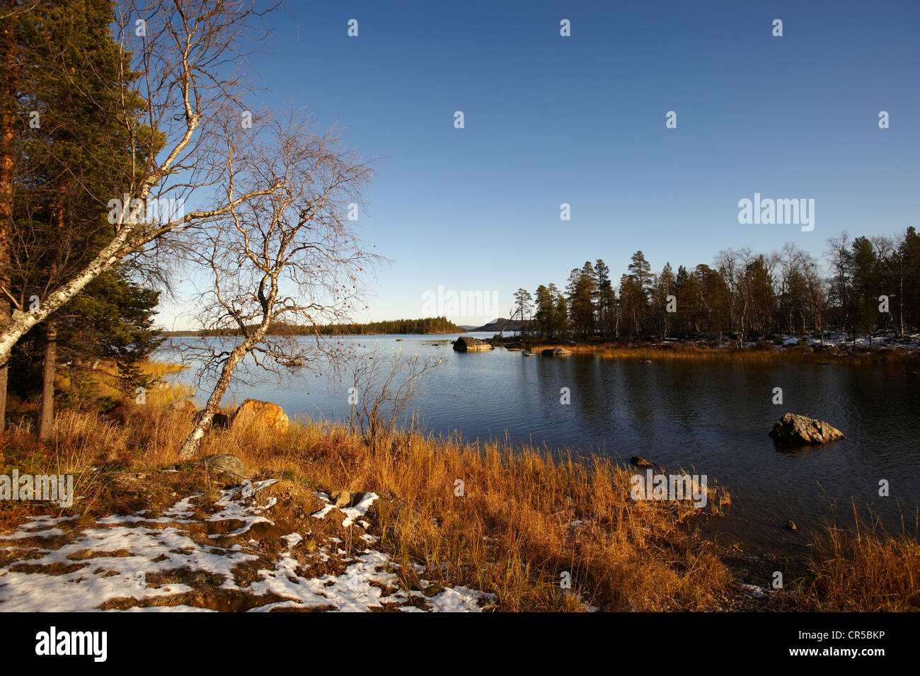 Finland, Lapland Province, Inarjarvi Lake (Inari Lake), first snow ...