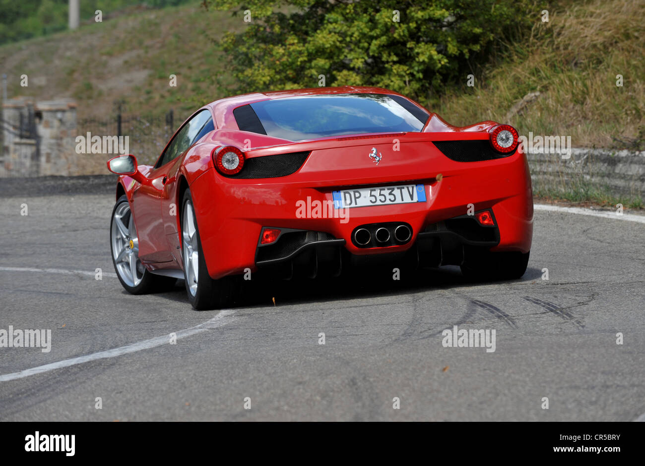 2011 Ferrari 458 Italia red Italian supercar in Modena cornering Stock ...