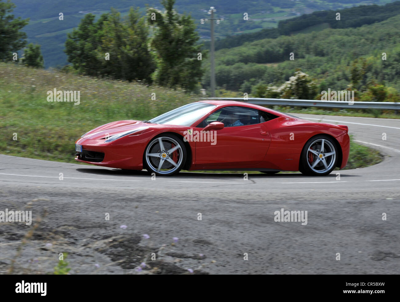 2011 Ferrari 458 Italia red Italian supercar in Modena cornering Stock ...