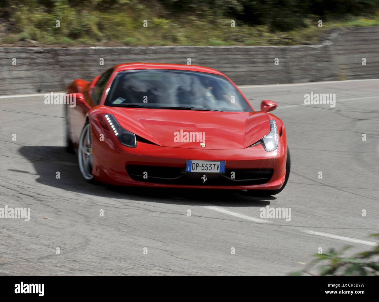 2011 Ferrari 458 Italia red Italian supercar in Modena cornering Stock ...