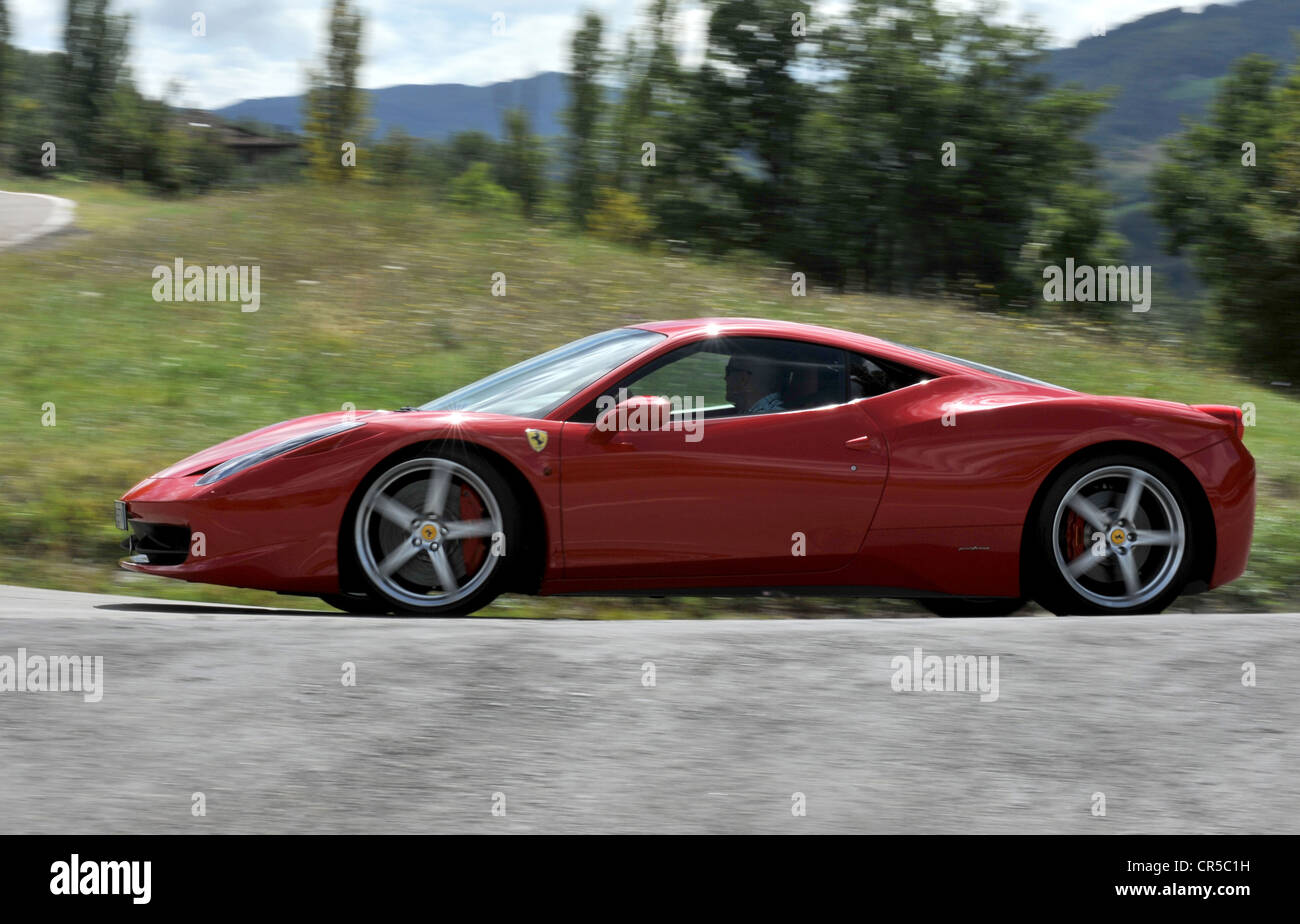 2011 Ferrari 458 Italia red Italian supercar in Modena cornering Stock ...