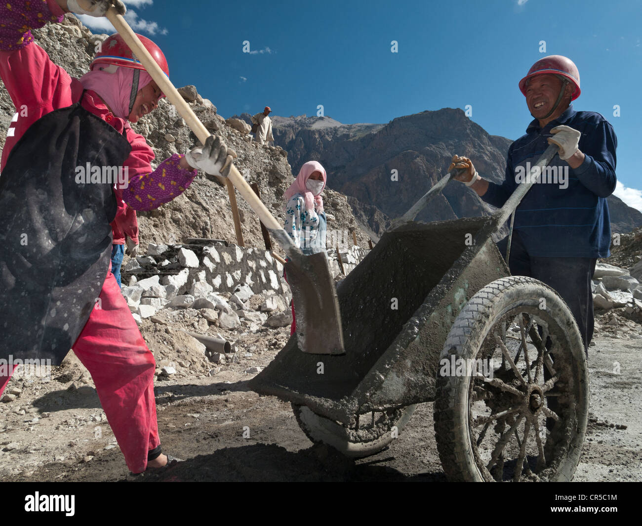 Road construction at Karakorum Highway by Chinese labourers, working ...