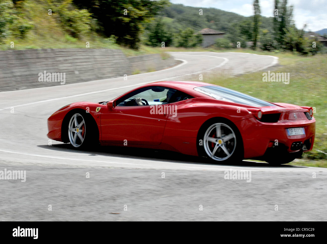 2011 Ferrari 458 Italia red Italian supercar in Modena cornering Stock ...