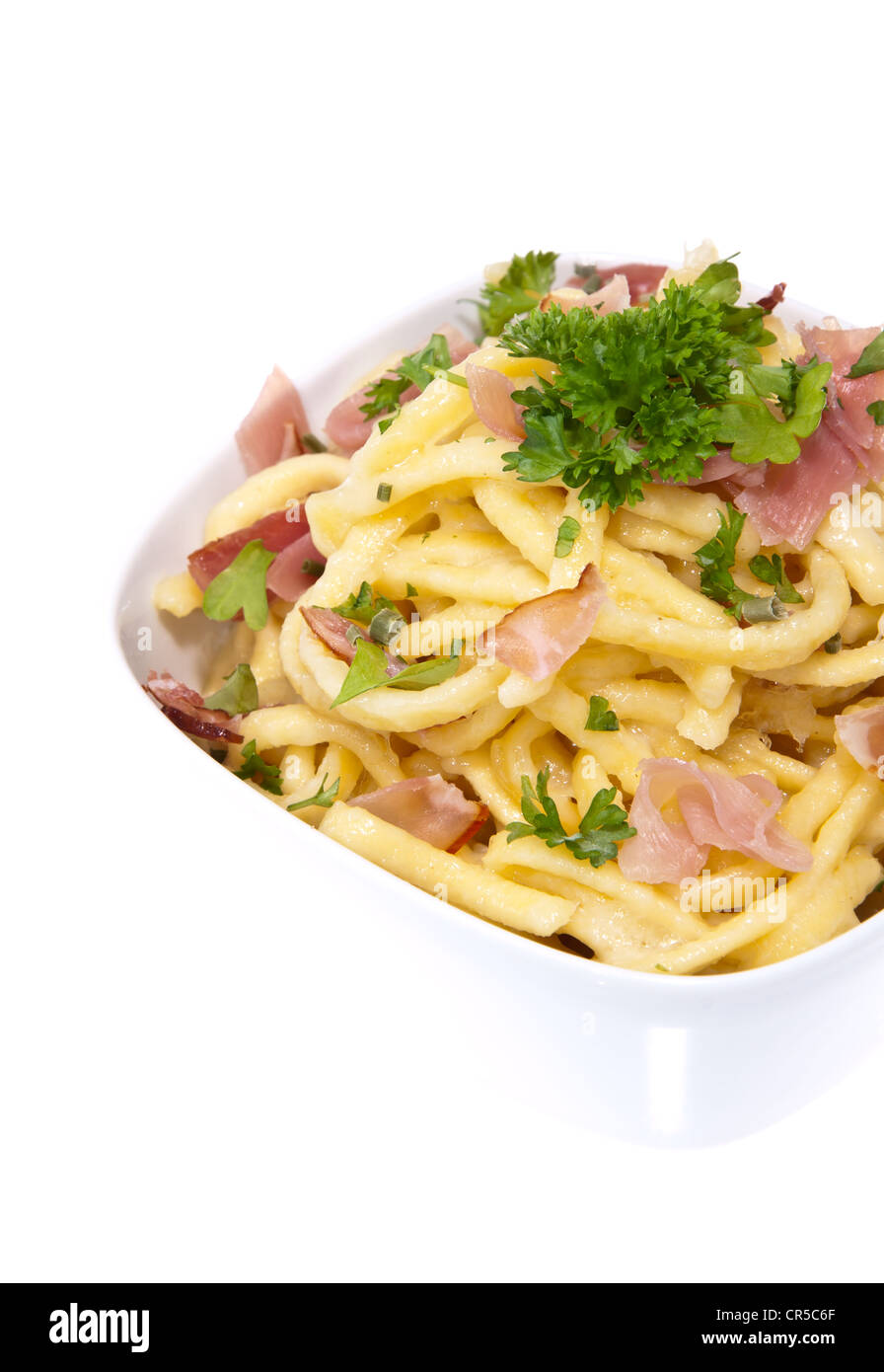 Fresh cooked Cheese Spaetzle isolated on white background Stock Photo ...