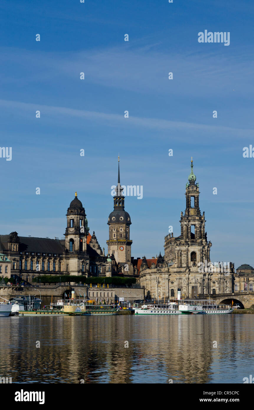 Hofkirche church and the Dresden Castle, as seen across the river Elbe ...
