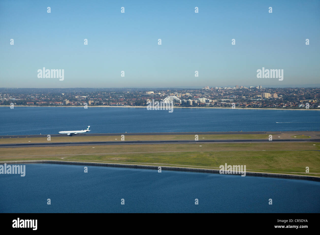 Plane landing at Sydney Airport, and Botany Bay, Sydney, New South ...