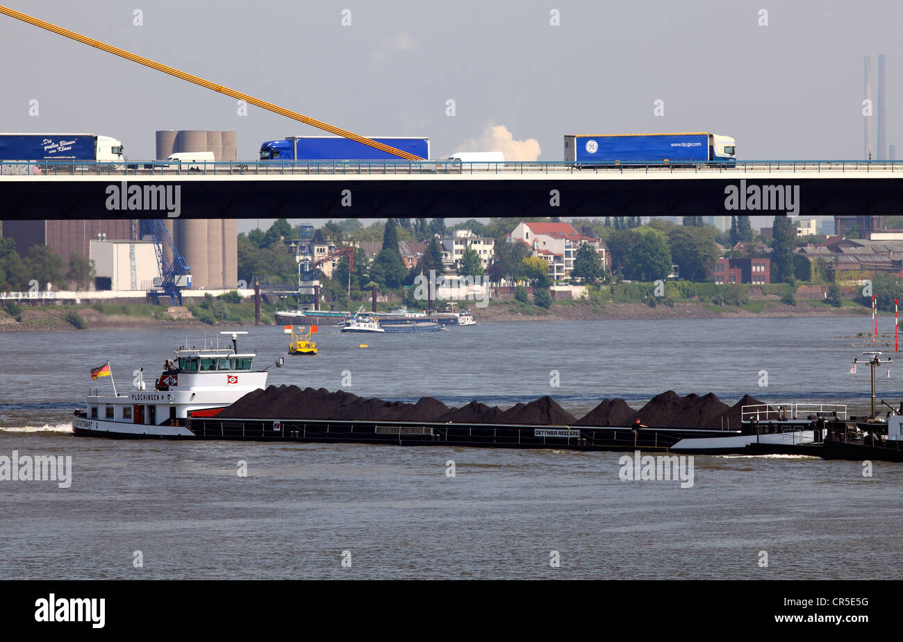 Highway bridge, Autobahn bridge over river Rhine. Cargo Trucks on the ...