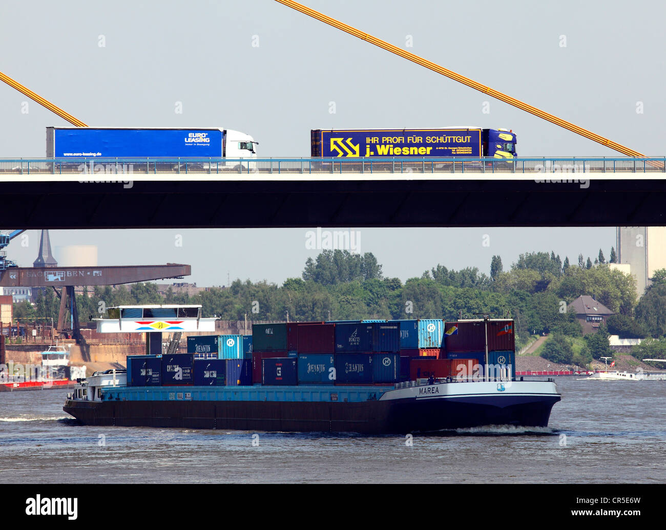 Highway bridge, Autobahn bridge over river Rhine. Cargo Trucks on the ...