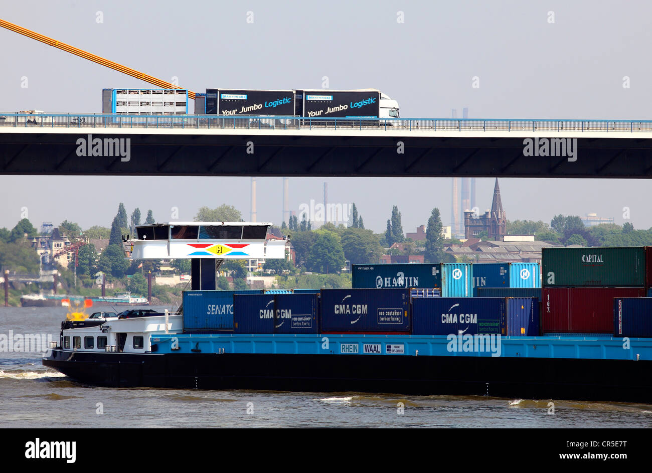 Highway bridge, Autobahn bridge over river Rhine. Cargo Trucks on the ...