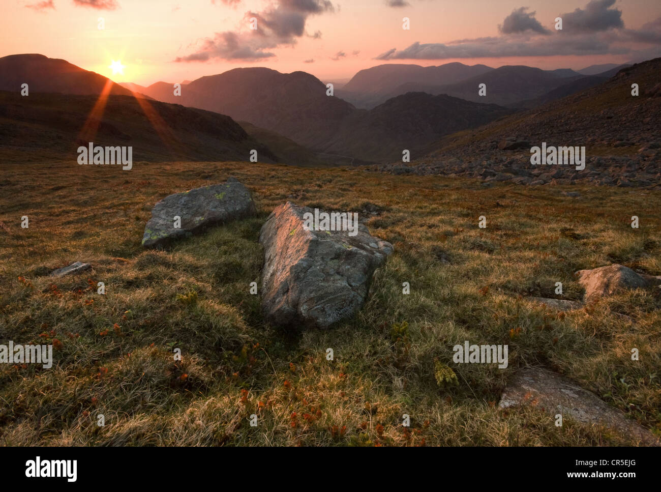 View from Kirk Fell in the lake District at sunset with High Crag and ...