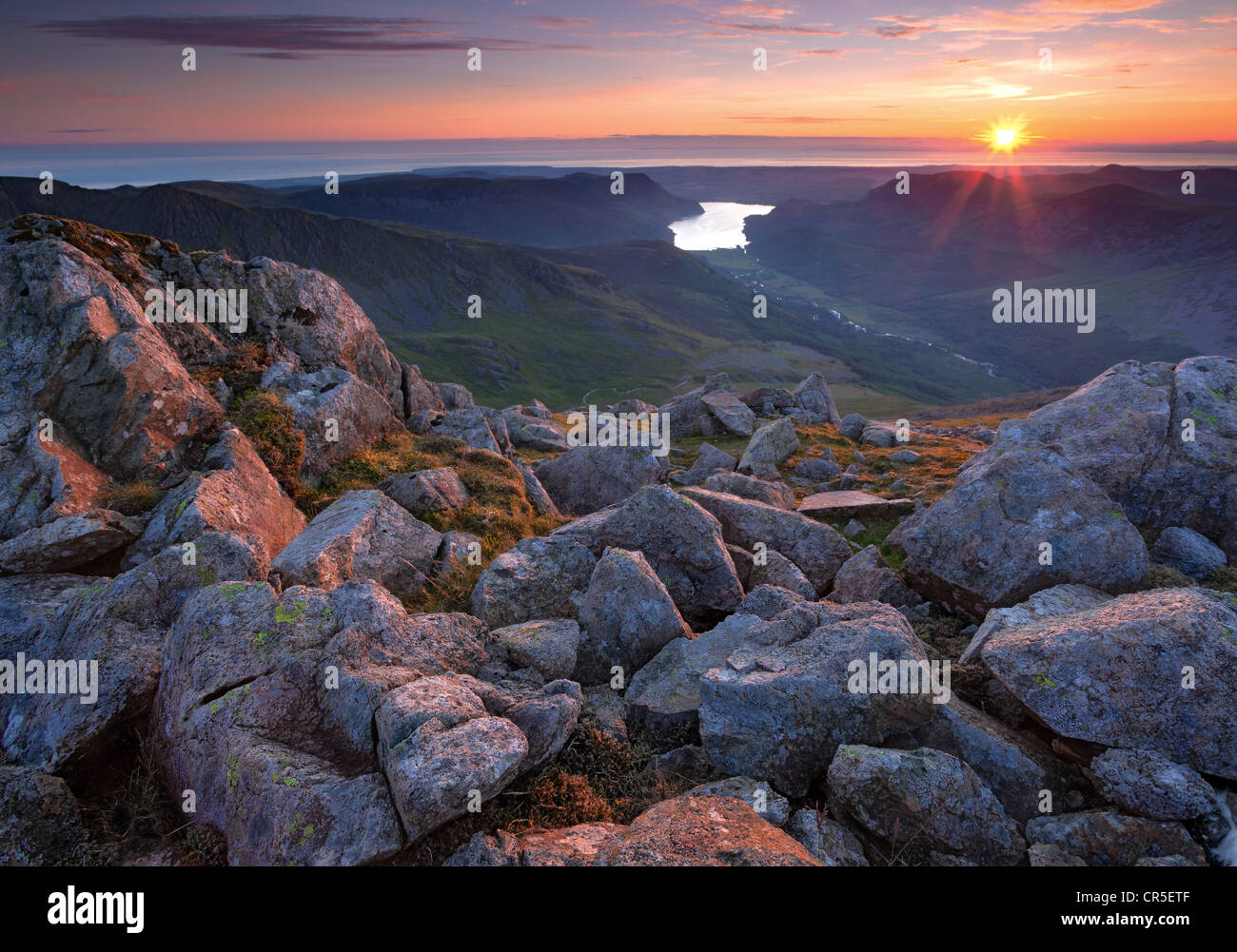 Ennerdale Water at sunset from the summit of Pillar in the Lake ...