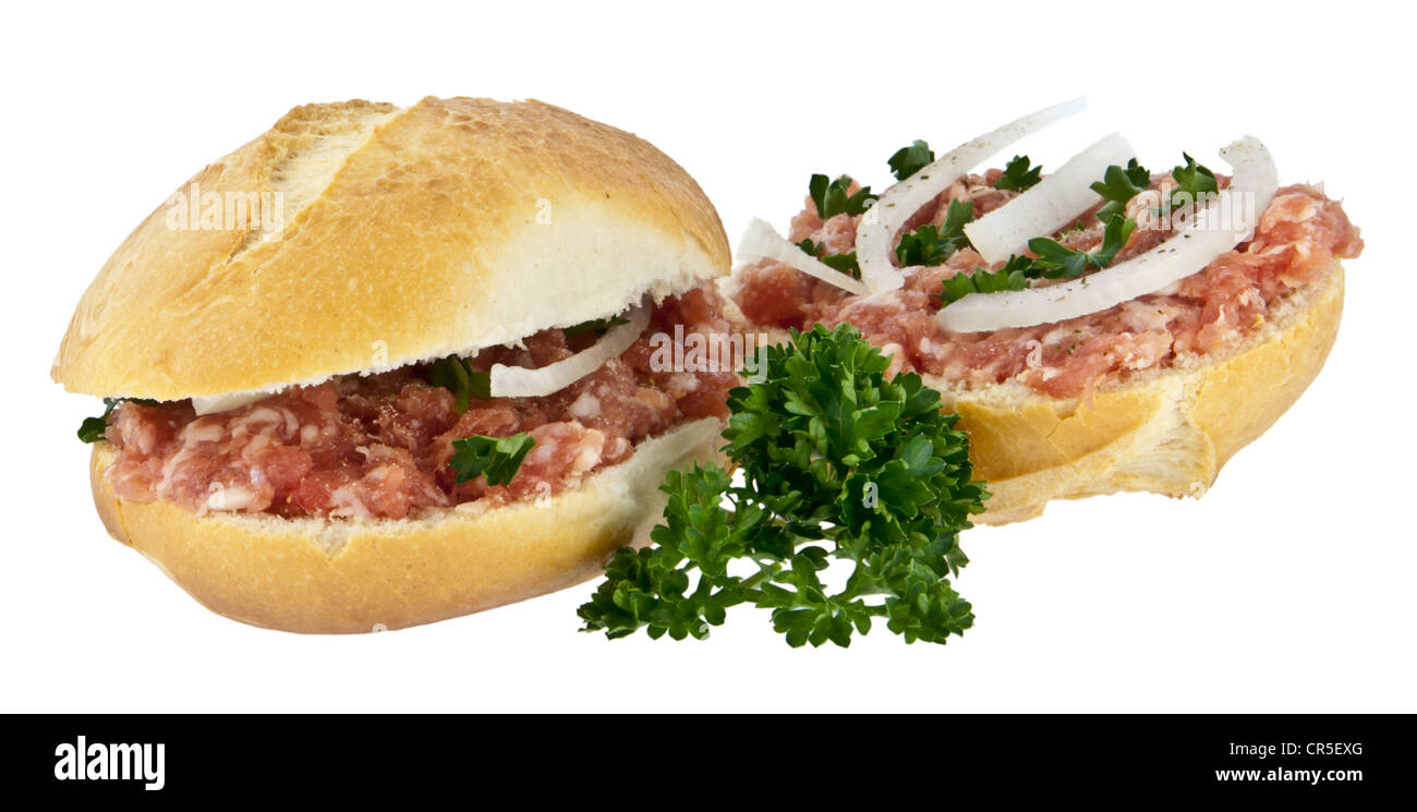Rolls with minced pork (In German called Mettbrötchen) isolated on ...
