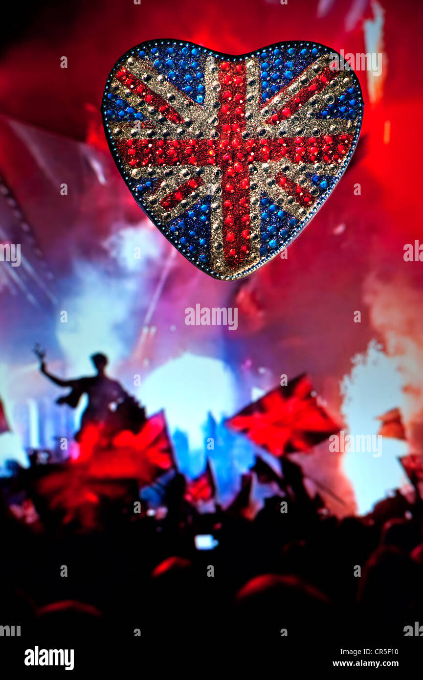 Heart shaped reflective sparkling Union Jack Flag with outdoor party ...